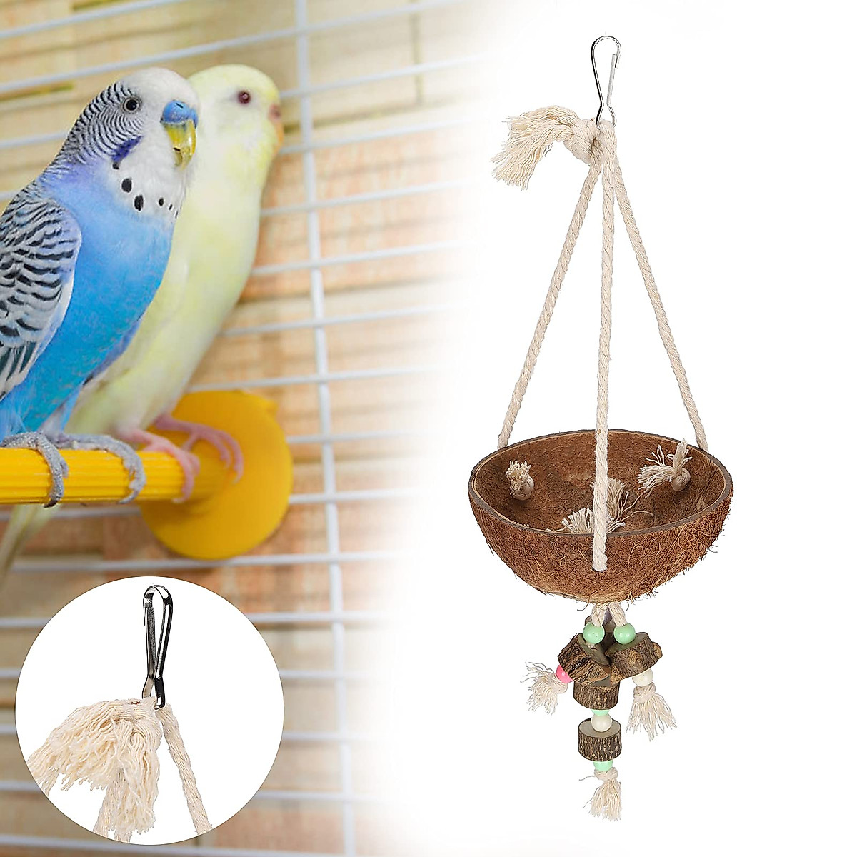 Syuanmuer Parrot Coconut Shell Swing, Hanging Bed Coconut, Bird Nest Shell Swing, Birdhouse Cage Swing Toys for Parrot Parakeet Lovebird Finch Canary.