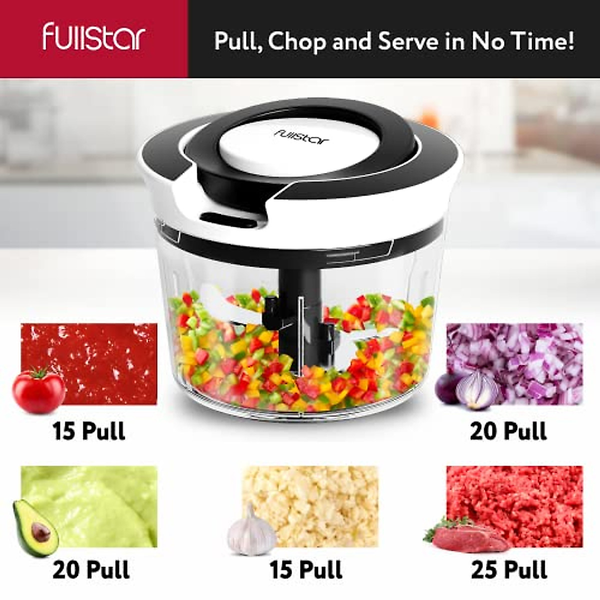 FULLSTAR Manual Food Chopper, Pull Chopper, Pull String Chopper, Fullstar Vegetable Chopper & Garlic Mincer with Julienne Spiralizer & Egg Beater - Veggie Chopper, Onion Chopper, Garlic Chopper