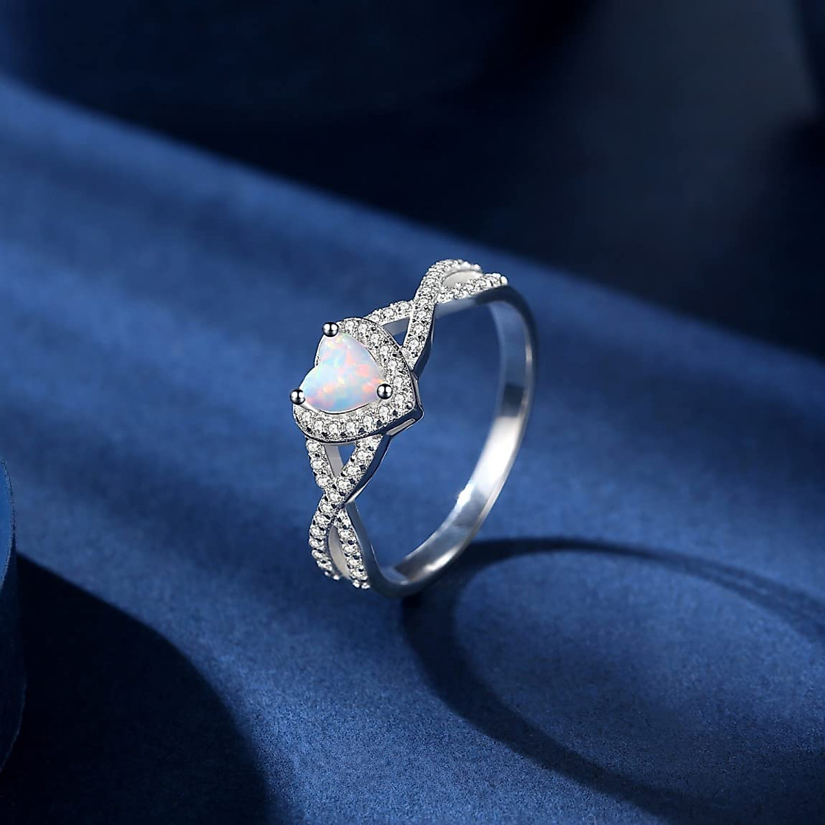 Junikool Opal Ring Dainty Simple Rings for Women Oval Lab Created White Opal & Round Cubic Zirconia Personalized Engraved Custom Name Sterling Silver