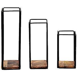 Bloomingville Set of 3 Metal & Mango Wood Wall Shelves, Black