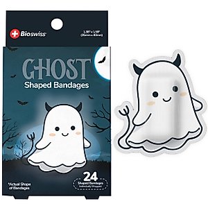 BioSwiss Bandages, Halloween Ghost Shaped Self Adhesive Bandage, Latex Free Sterile Wound Care, Fun First Aid Kit Supplies for Kids, 24 Count