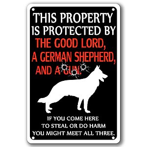 Beware Of Dog Metal Sign Funny Warning Signs For Property Is Protected By German Shepherds Tin Sign Beware Of Dogs Signs For Fence Decorations Outdoor German Shepherd Owner Gifts 8x12 Inches