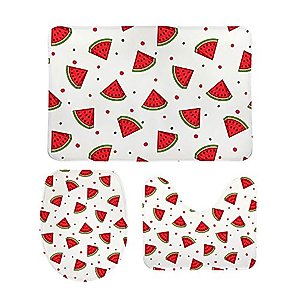 Bathroom Mat Rug Set Non Slip Including U-Shaped Contour Mat Toilet Seat Cover ﻿Watermelon Pattern Red Extra Soft Coral Fleece Memory Foam 3 Piece
