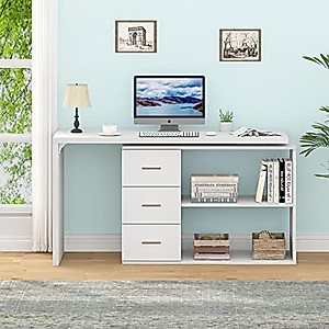 HSH White L Shaped Desk with Drawers Shelves, L Shaped Computer Desk with Storage Cabinet, Corner Home Office Desk for PC Executive Writing Study Work, Reversible Bedroom Wood Computer Table, 55 Inch