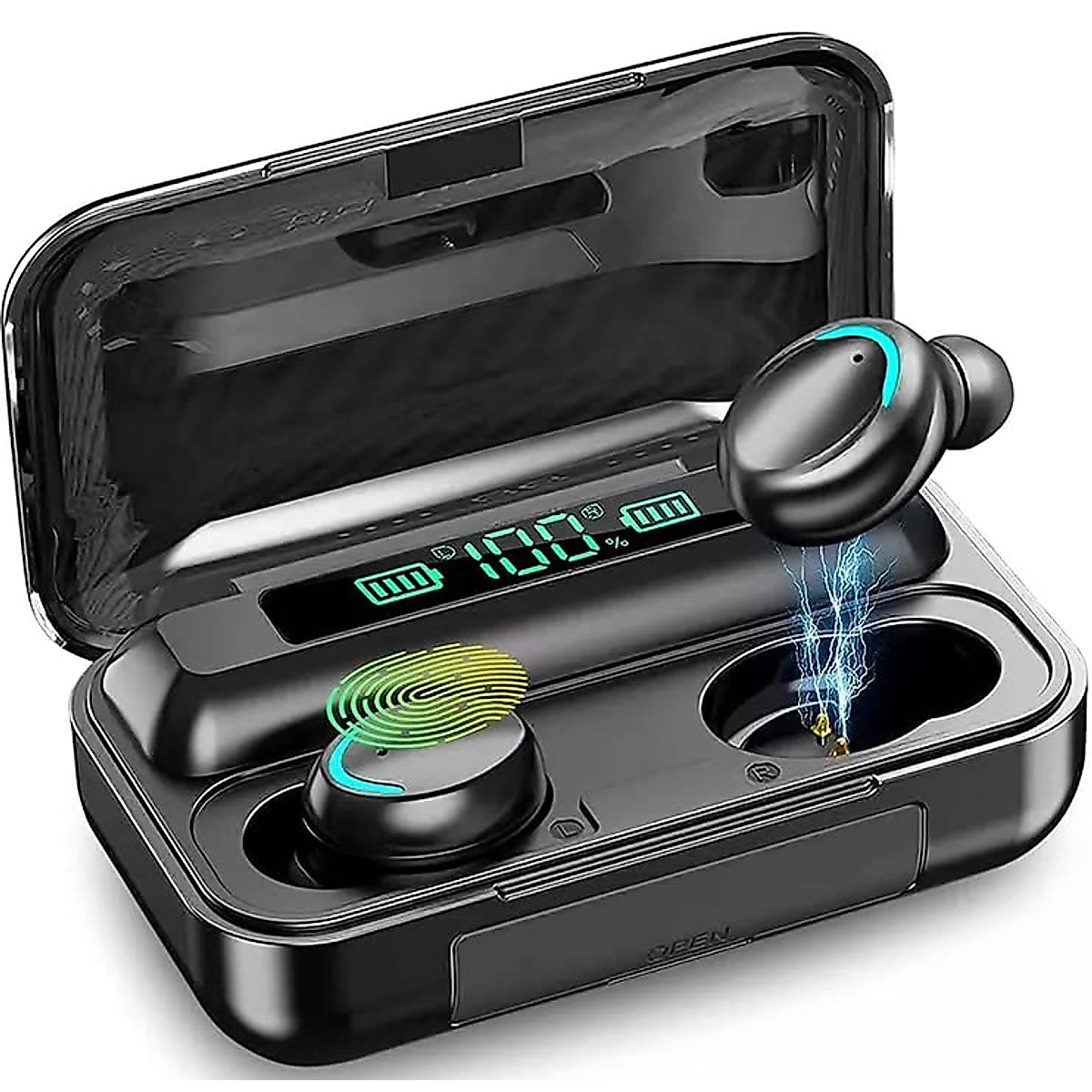 BAHASYA Wireless Bluetooth Earbuds with Digital Charging Case, Built-in Mic, Noise Cancelling, Waterproof, Deep Bass Earphones, in Ear Stereo Headphones for Sport, Gym, Gaming (Black)