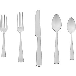 Amazon Basics 18-Piece Kitchen Dinnerware Set, Plates, Dishes, Bowls, Service for 6 - White & 20-Piece Stainless Steel Flatware Set with Square Edge, Service for 4