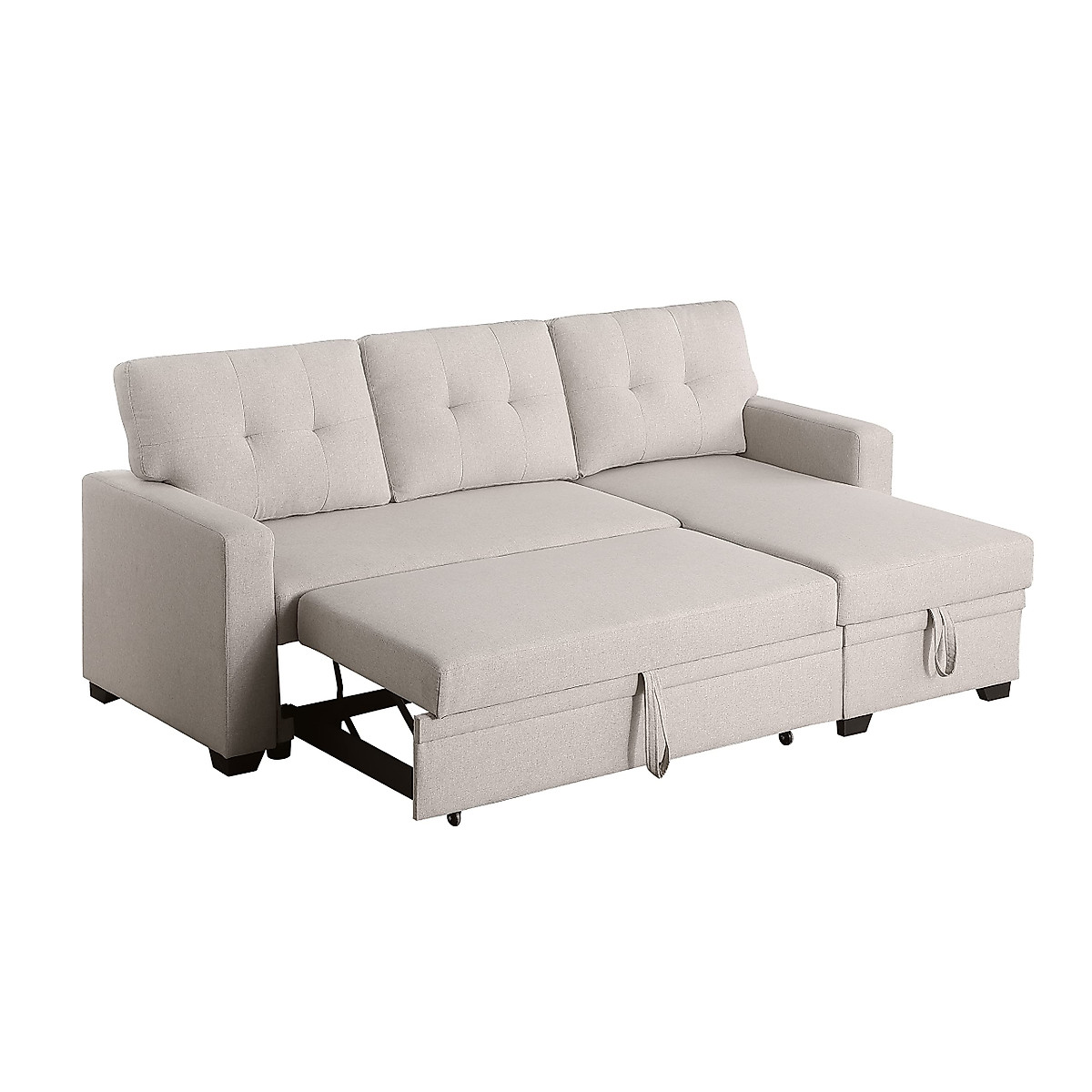 L Shaped Convertible Sleeper Sectional Sofa with Storage Chaise and Pull-Out Bed, Linen Upholstered Reversible Corner Couch w/Detachable Backrest for Living Room, Apartment, 3 Seater Home Furniture
