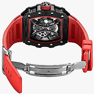 FEICE Watches for Men Automatic Skeleton Watch Waterproof Sapphire Crystal Japanese Movement Mens Wristwatch with Carbon Fiber Strap Anti Shock Business Watch FM602 B_Red