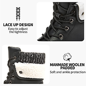 hash bubbie Women's Waterproof Winter Boots Black Combat Boots Mid Calf Snow Boots PU Leather Boots Lace up Fur Lined Ankle Booties（Black.US9）