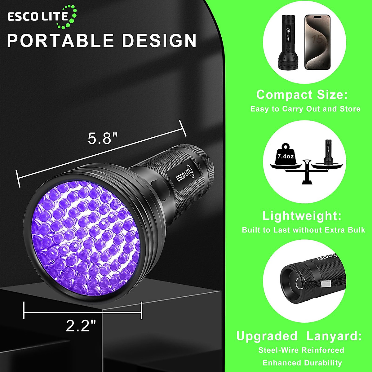 Escolite UV Flashlight Black Light 51 LED 395 nM Ultraviolet Blacklight Flashlite for Pet Urine Detection,Dry Stains,Bed Bug,Scorpion,Dog/Cat Urine Light Detector Matching with Pet Odor Eliminator