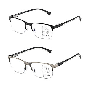 Multifocus Reading Glasses Men Progressive Multifocal Blue Light Computer Reader Half Frame Metal Extra Wide Eyeglasses No Line Bifocals Large Designer Cheaters Transition Square Eyewear 2packs 1.50
