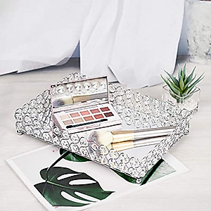 Feyarl Crystal Vanity Makeup Perfume Tray Ornate Jewelry Trinket Organizer Cosmetic Decorative Tray Skin Care Storage for Home Dressing Table Wedding Decoration(Rectangle 12" x 8") (Silver)