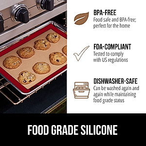 Gorilla Grip Silicone Oven Mitts Set of 2 and Silicone Baking Mats Set of 2, Silicone Oven Mitts are 14.5 Inch, Quarter Sheet Silicone Baking Mats, Both in Red Color, 2 Item Bundle