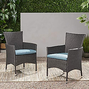 Christopher Knight Home Malta Outdoor Wicker Dining Chairs with Water Resistant Cushions, 2-Pcs Set, Grey / Teal Cushion