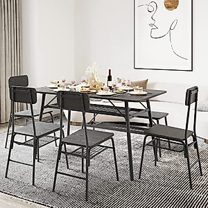 Gizoon 46'' Rectangular Dining Table Set for 6, 6-Piece Modern Dining Set for Home, Apt, 4 Chairs, Bench, Kitchen Dining Room Set w/Storage Rack for Family, Small Space, Saving Space-Black