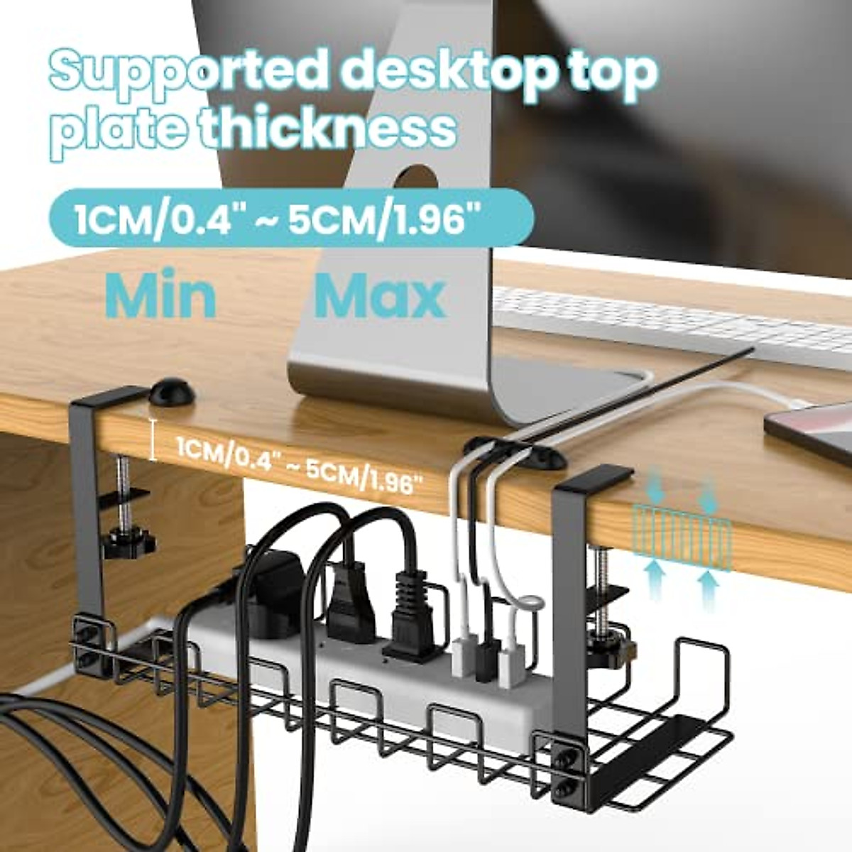 Under Desk Cable Management Tray 1 Pack, 15.7'' No Drill Under Desk Cable Organizer with 8 Color Cable Labels, Steel Cable Management Tray for Office Desks, Black