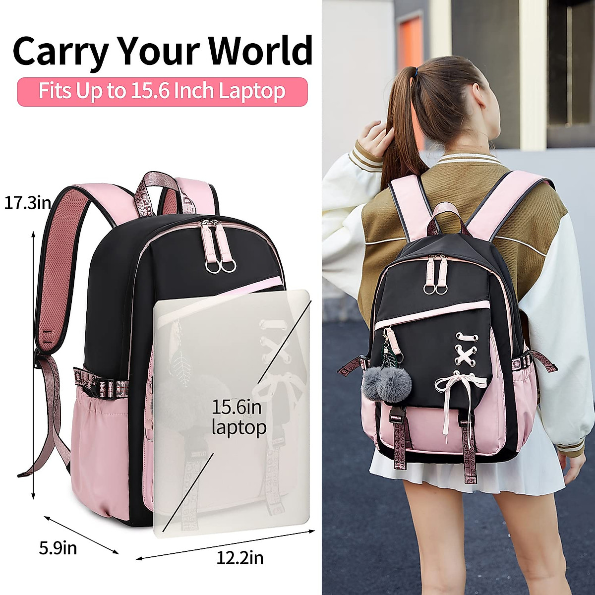 FENGDONG Teenage Girls Bookbag School Backpack Children Casual Daypack Schoolbag for Teens Black Pink