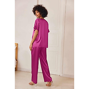 Ekouaer Satin Pajama Set Womens Silk Short Sleeve V Neck Shirt with Long Pant Soft Loungewear Pjs Set Plum