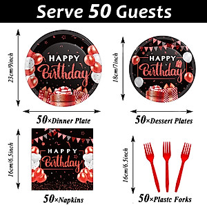 200Pcs Red and Black Birthday Party Tableware Set Confetti Sprinkles Happy Birthday Supplies Red and Black Paper Plates and Napkins Forks for Man and Woman Birthday Party Decorations for 50 Guests