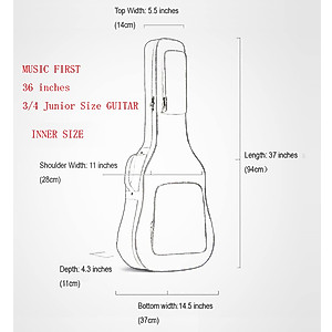 MUSIC FIRST 0.9" (23mm) Padded Country Style 36 inch Soft Guitar Case, Travel Guitar Bag, 36" Guitar Backpack (FIT FOR 36~37 inch, 3/4 Junior Size GUITAR, CHECK PHOTO No.2 AND MEASURE YOUR GUITAR!)