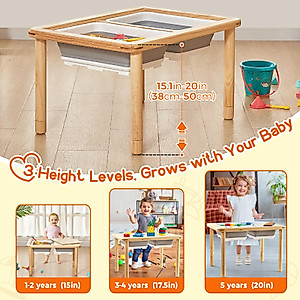 FUNLIO Wooden Sensory Table with 2 Bins for Toddlers 1-5, 3-Level Height Adjustable Kids Sensory Table with Anti-Warping Plywood Lid, Indoor/Outdoor Play Sand and Water Table, CPC Certified