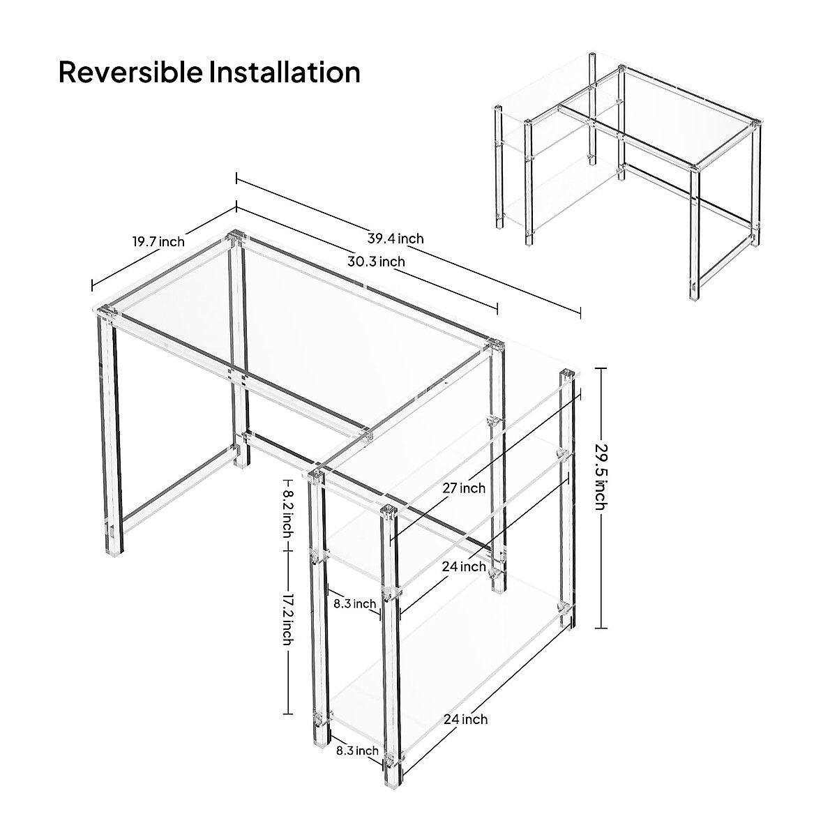 Eglaf Acrylic L-Shaped Desk - Clear Desk with Reversible Storage Shelves - Modern Home Office Desk Corner Desk for Study, Writing, Rectangular Legs, Easy Assembly, 39.4" L x 27''W x 29.5" H
