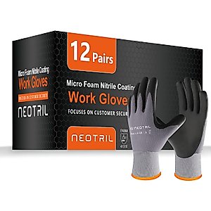 NEOTRIL Safety Work Gloves MicroFoam Nitrile Coated-12 Pairs, Seamless Knit Nylon Bulk Pack Working Gloves with Grip for Men Women Light Duty Work,Automotive,Warehouse (Gray,L)