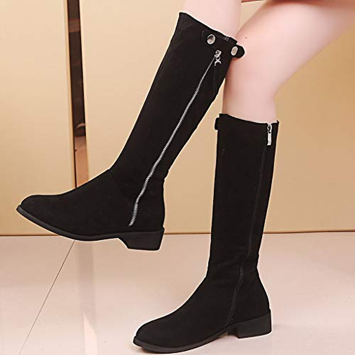 Fheaven Women's Flock Side Zip Knee High Boots Buckle Low Heel Casual Middle Tube Booties