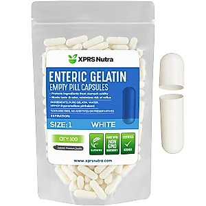 XPRS Nutra Size 1 Empty Capsules - 100 Count White Enteric Coated Empty Gelatin Capsules - Delayed Release Pill Capsules - DIY Capsule Filling - Pure Bovine Empty Enteric Capsules Gel Caps