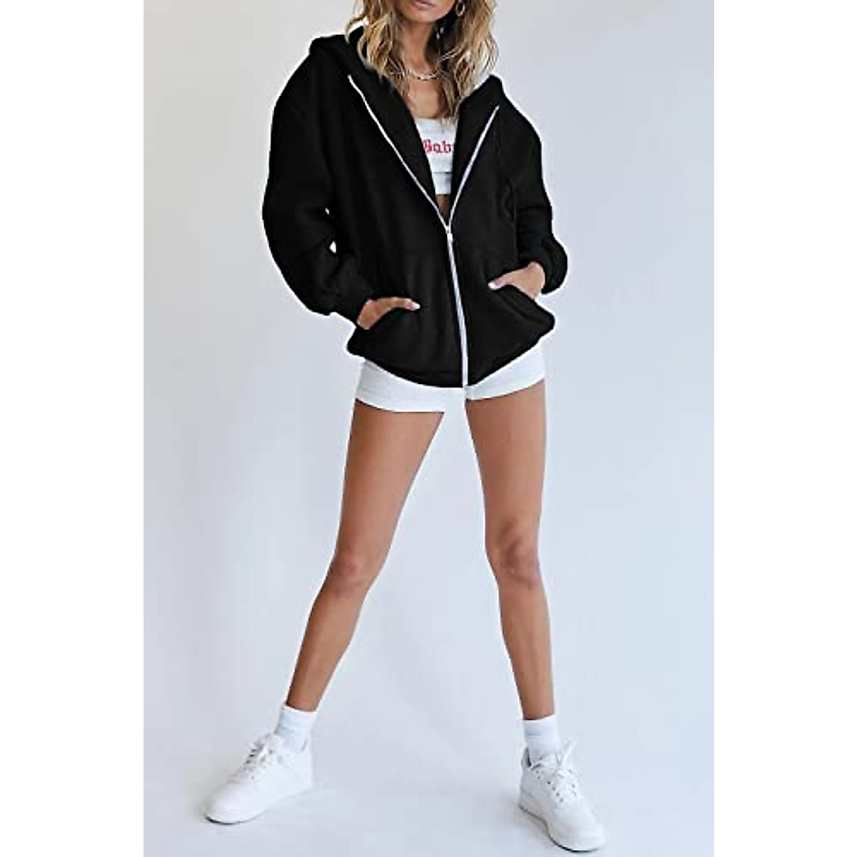 PRETTYGARDEN Women's 2023 Zip Up Y2K Hoodies Casual Long Sleeve Sweatshirts Fall Track Jackets With Pockets (Black,Small)