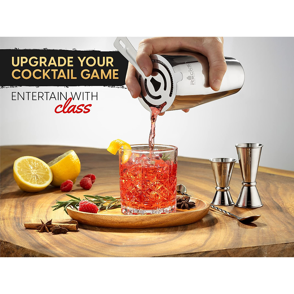 ROCKSLY MIXOLOGY BAR Set Premium Bartender Kit, Zig-Zag Tool Stand, 18 Oz Cocktail Shaker, Strainer, Jigger, Spoon, Tongs, Bottle Opener, Recipe Book