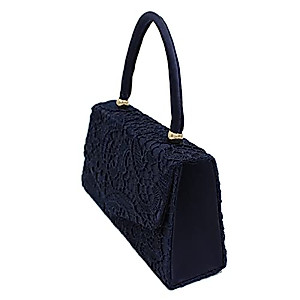 Premium Lace Paisley Floral Fabric Satin Top Handle Clutch Evening Bag Handbag, Navy