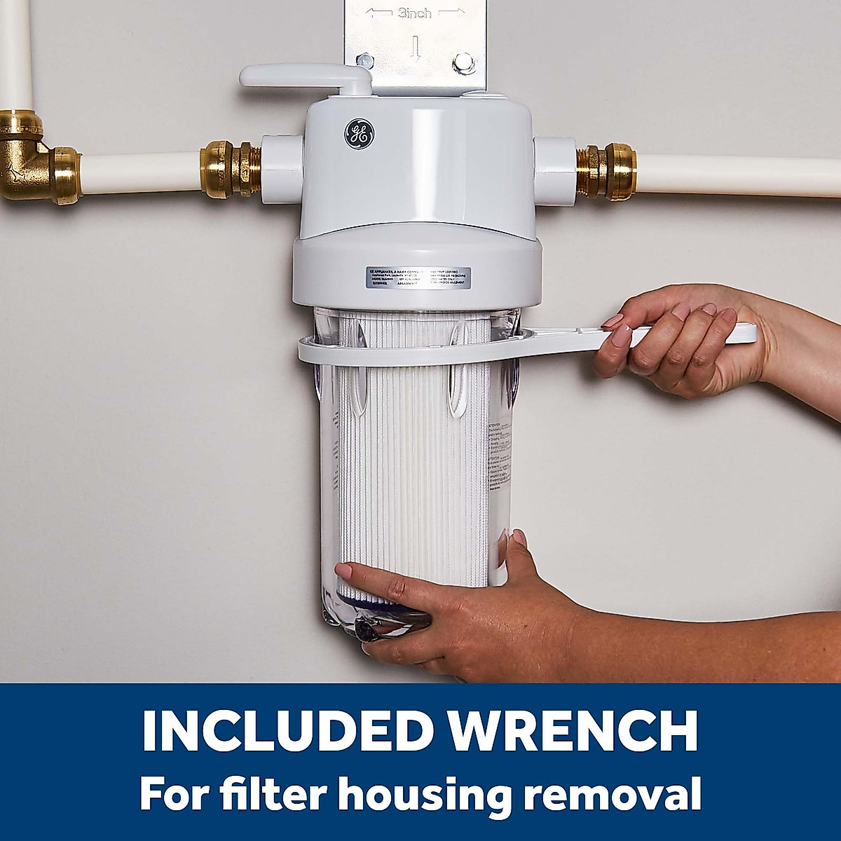 GE Whole House Water Filtration System | Reduces Sediment, Rust & More | Install Kit & Accessories Included | Filter Not Included | Replace Filters (FXHTC, FXHSC) Every 3 Months | GXWH35F, White, 7.50 x 13.50 x 7.75 inches