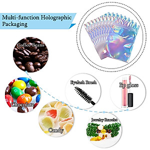 100pcs Resealable Holographic Mylar Bags 5.5x7.8 inch, Foil Zip Sample Pouch Gift Baggies For Packaging Candy Jewelry Lash Lip Gloss