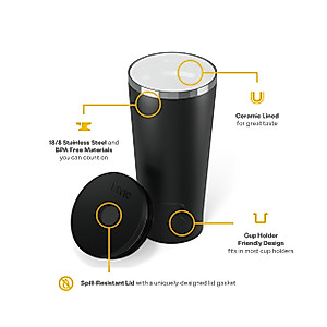 RTIC 20oz Everyday Tumbler Insulated Stainless Steel Portable Travel Coffee Cup with Straw, Spill-Resistant Lid, BPA-Free, Hot and Cold Drink, Ceramic Lining, Black