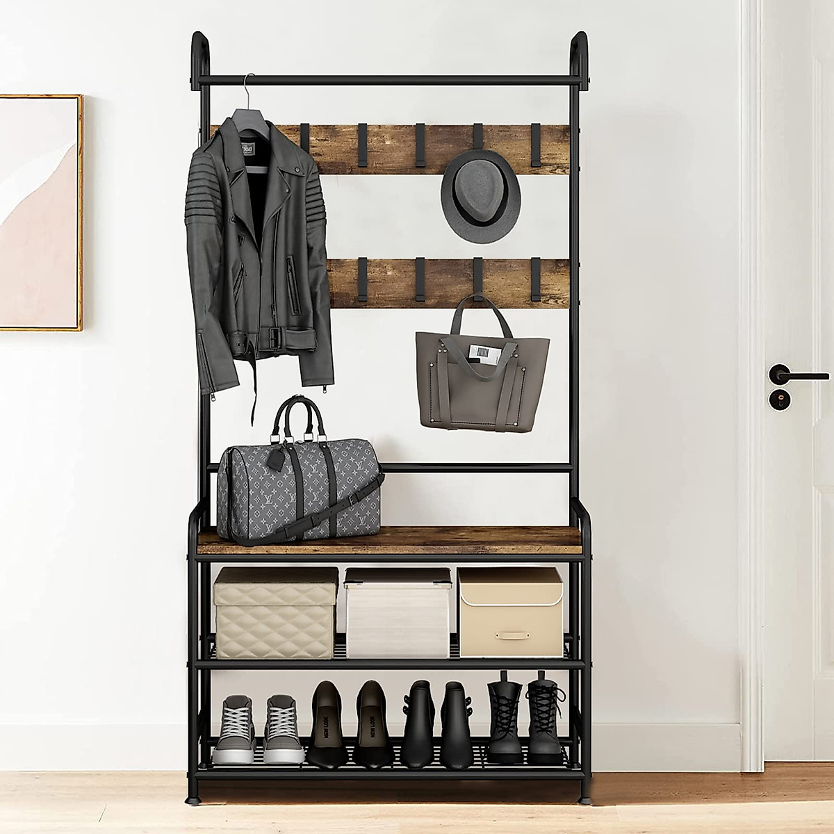 LINZINAR Coat Rack Shoe Bench 3-in-1 Hall Tree with Bench and Shoe Storage for Entryway Heavy Duty MDF Stand Coat Rack Industrial Accent Furniture with Metal Frame, Black (Rustic Black)