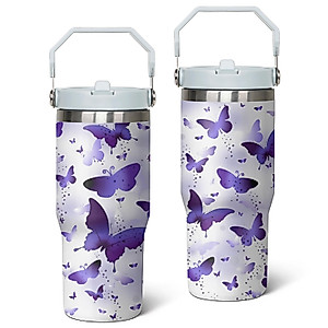 Queen Hero 30 oz Butterfly Tumbler with Handle, Large Insulated Tumbler with Flip & Straw Coffee Mug Cup Stainless Steel Gifts for Women Men Youth