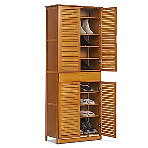 MoNiBloom Tall Shoe Storage Cabinet with 2 Double Shutter Doors & 1 Drawer, Bamboo Free Standing Shoes Shelf Stand for 26-30 Pairs Entryway Hallway Bedroom, Brown