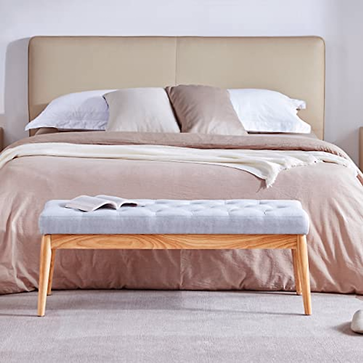 Tbfit Extra-Long Upholstered Tufted Bed Bench Seat for Bedroom, Entryway Wood Bench with Sturdy Wooden Legs, Buttoned Vanity Rectangle Dining Bench(Grey)