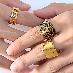 HANPABUM 3Pcs 14K Gold Plated Rings for Men Women Chunky Cuban Link Ring, Size 7-15