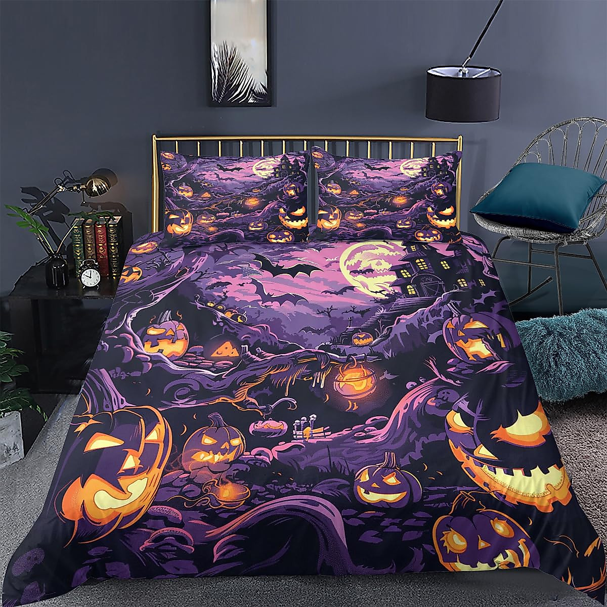 CCoutueChen Horror Ghost Face Duvet Cover Set for Kids Boys,King Size Halloween Bedding Set,Bats Castle Pumpkin Lights Pattern Comforter Cover with 2 Pillowcases, 3Pieces Soft Microfiber