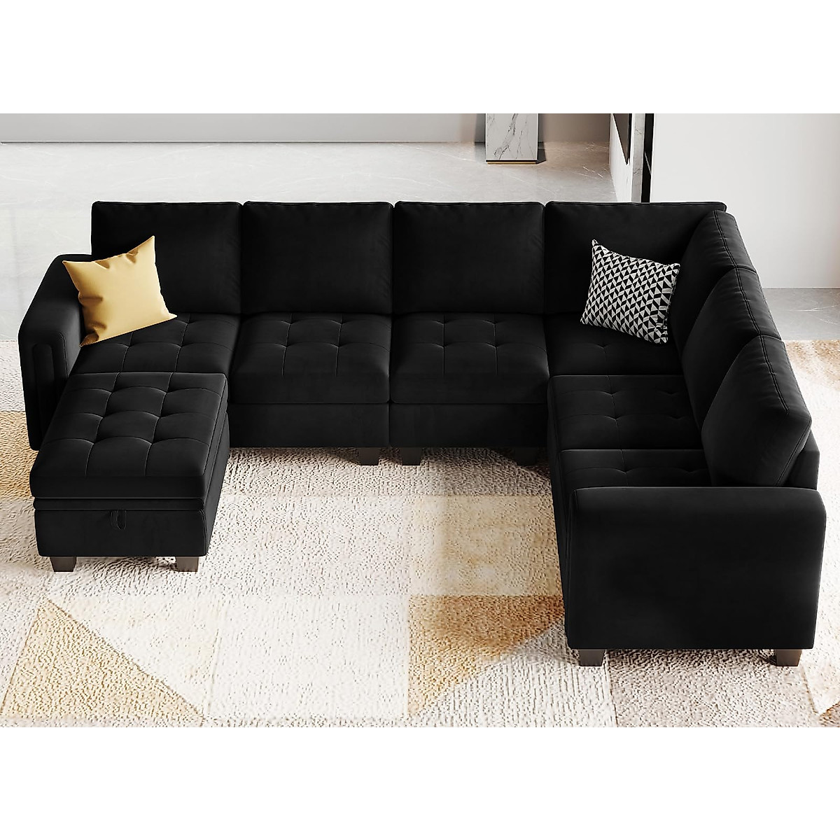 Belffin Velvet Modular Sectional Sofa with Storage Ottoman 6 Seater L Shaped Sectional Modular Sofa Couch with Reversible Chaise Convertible Corner Sectional Couch Black