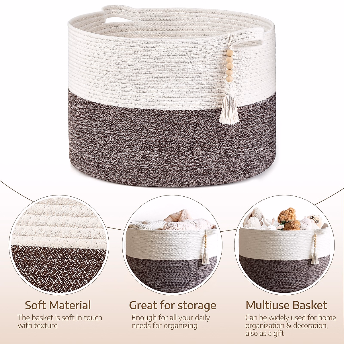 Mkono Extra Large Laundry Basket Woven Cotton Rope Storage Baskets for Blankets Toys Clothes Organizer, Decorative Clothes Hamper with Handle, 21.7" x 13.8"