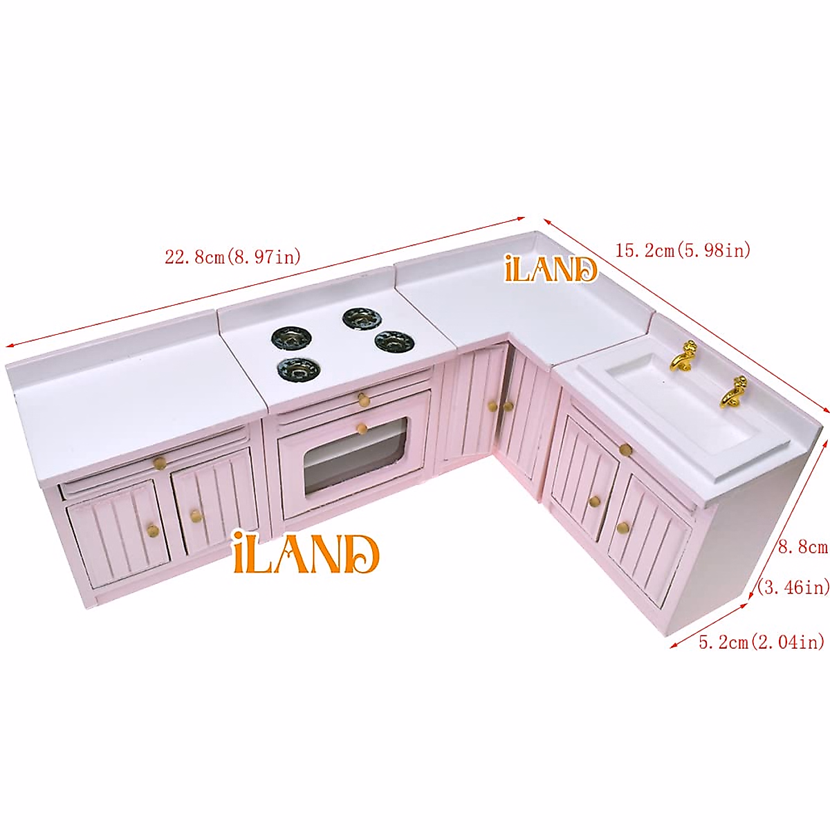 iLAND Wooden Dollhouse Furniture on 1:12 Scale for Miniature Dollhouse Kitchen w/Unit Cabinets, Dollhouse Fridge and Dollhouse Dining Room Furniture(Pretty Pink 11pcs)