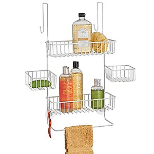 mDesign Steel Over the Door Shower Caddy - Hanging Shower Organizer Rack w/ 4 Baskets, 2 Hooks - In-Shower Hanging Caddy for Bathroom - Over Door Shower Caddy Hanger - Klypon Collection - Matte White