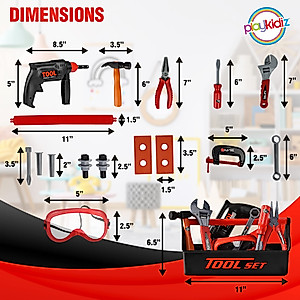 Playkidz Tool Box for Kids 22-Piece Boys & Girls Construction Toy Playset w/Carry Chest, Working Push Button Power Drill, Hammer, Screwdriver, Wrench, Pliers, Saw & Other Realistic Tools Ages 3+
