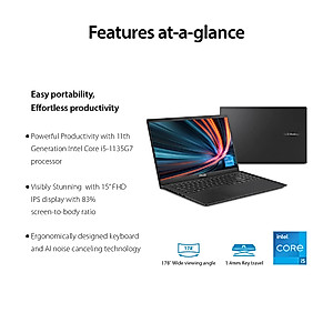 ASUS Vivobook 15 Laptop, 15.6" FHD (1920 * 1080) Display, Intel Core i5-1135G7 Processor, 20GB RAM, 512GB PCIe SSD, USB Type-C, HDMI, Wi-Fi, Bluetooth, Windows 11 Home, Indie Black, F1500
