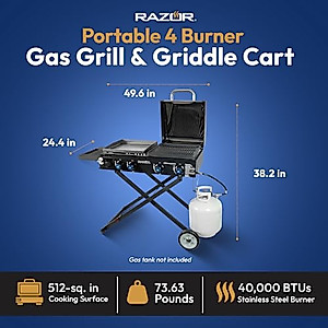 Razor Griddle Portable 4-Burner 40,000 BTU Gas Grill & Griddle Combo with 16" x 16" Cooking Surface Area, Foldable Cart & Steel Lid, Black