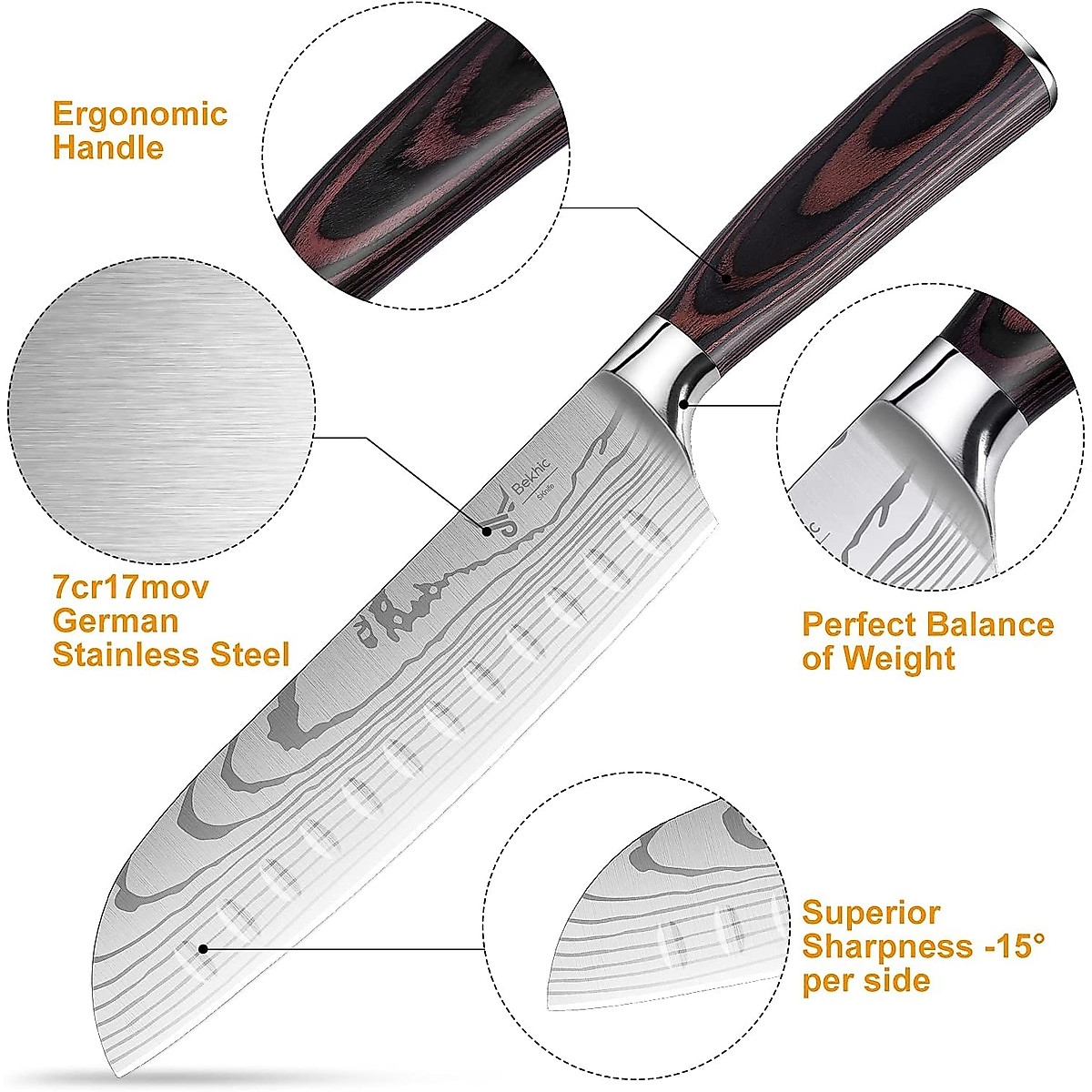 Bekhic Santoku Knife- SKnife Pro Kitchen Knife 7 Inch Kitchen Knife Asian Knife Japanese Chef Knife made of German High Carbon Stainless Steel ，Ergonomic Handle, Ultra Sharp (Silver&Maroon)