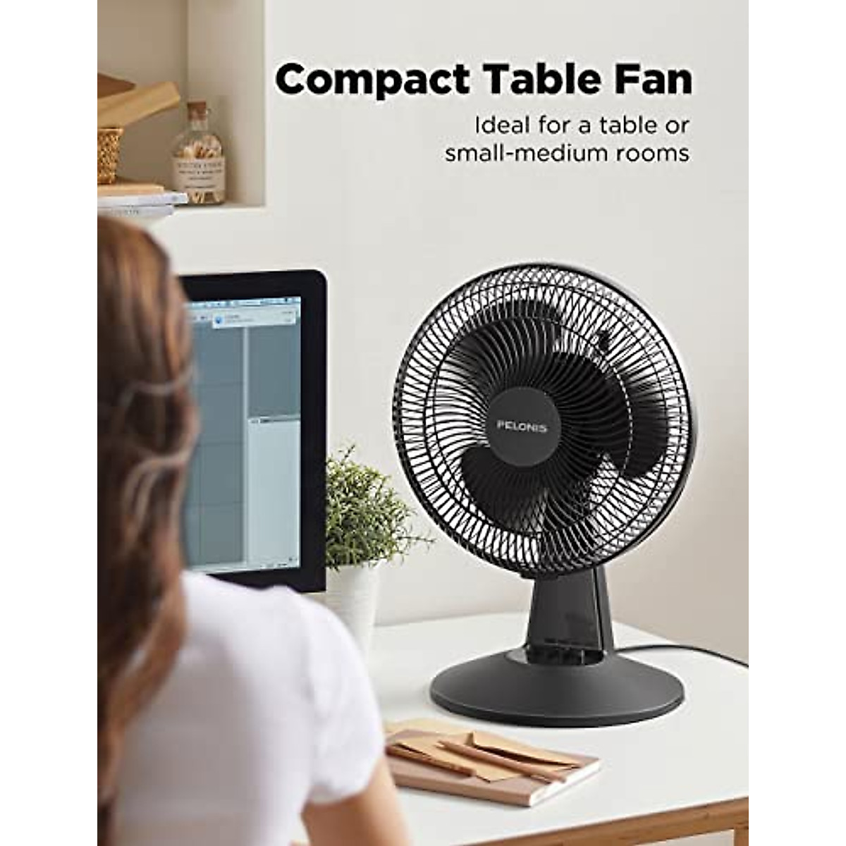 PELONIS Table Fan 12-Inch Oscillating Table Fan Small Portable Electric Plug-In Desk Fan 3-Speeds Adjustable Tilt Head for Bedroom and Office Black